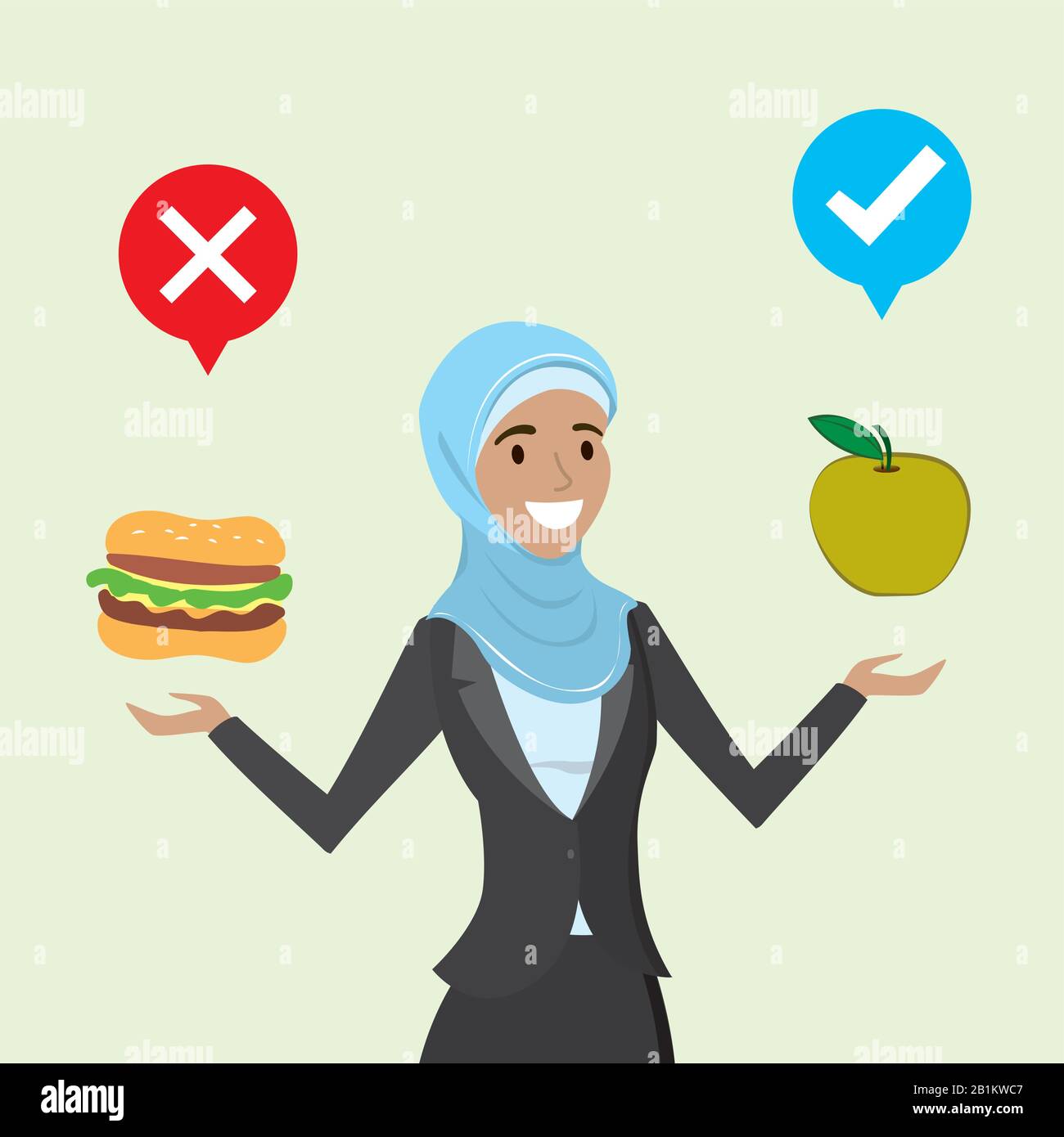 Happy arab woman choose healthy foods.healthy nutrition concept.Cartoon ...
