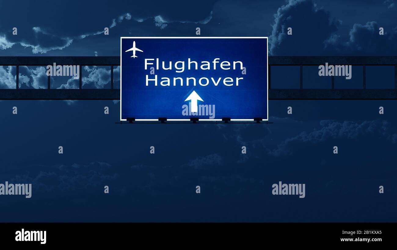 Hannover Germany Airport Highway Road Sign at Night 3D Illustration ...