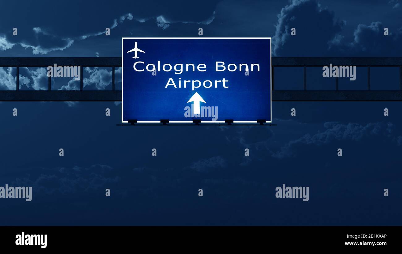Koln Bonn Germany Airport Highway Road Sign at Night 3D Illustration ...
