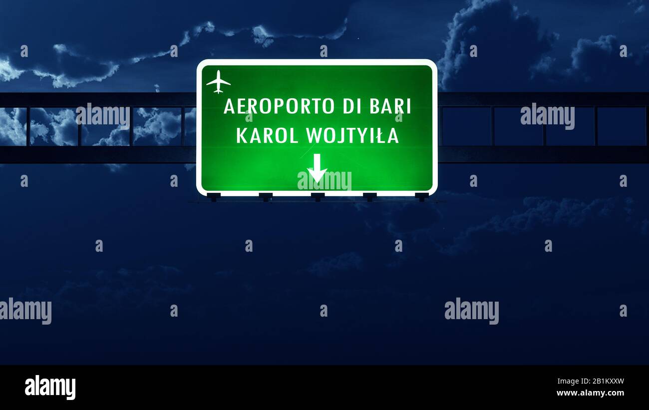 Bari Italy Airport Highway Road Sign at Night 3D Illustration Stock ...