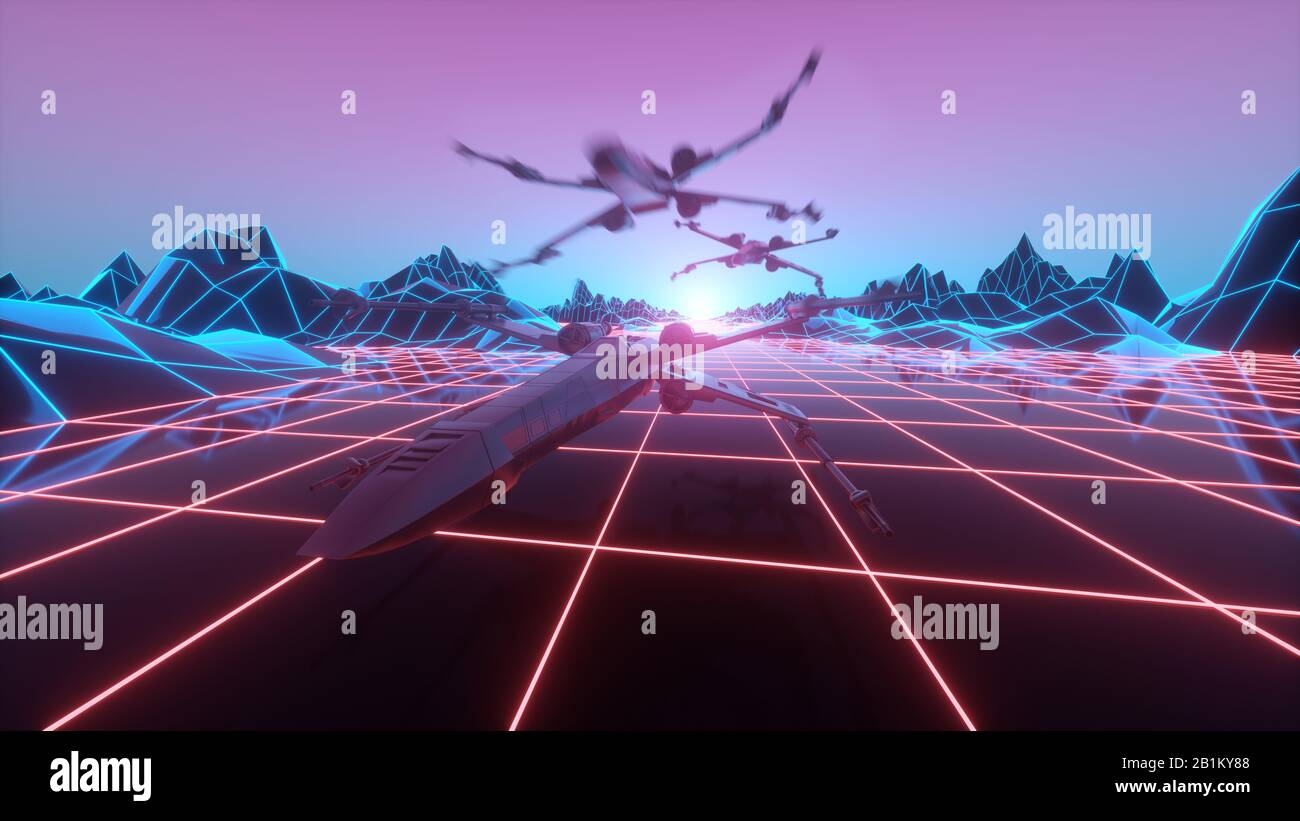 Futuristic spaceship flying through space. Retro arcade game machine 3d ...