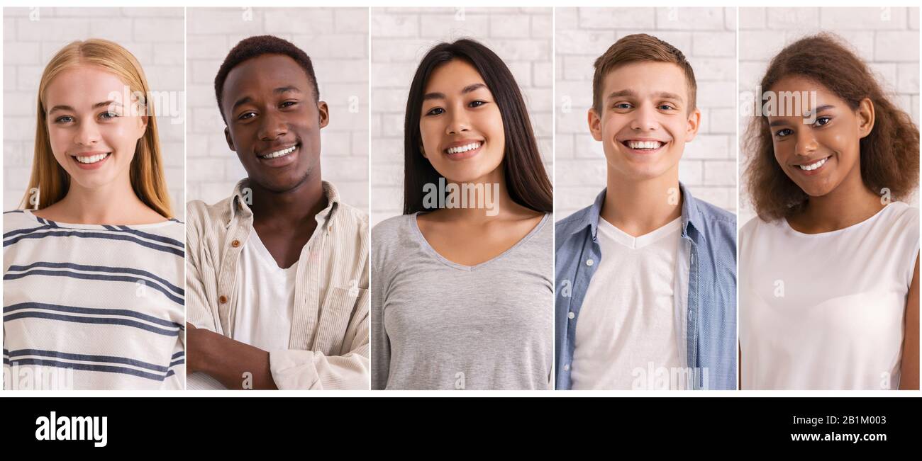 Composite image of multiracial teenagers photos over white brick wall ...