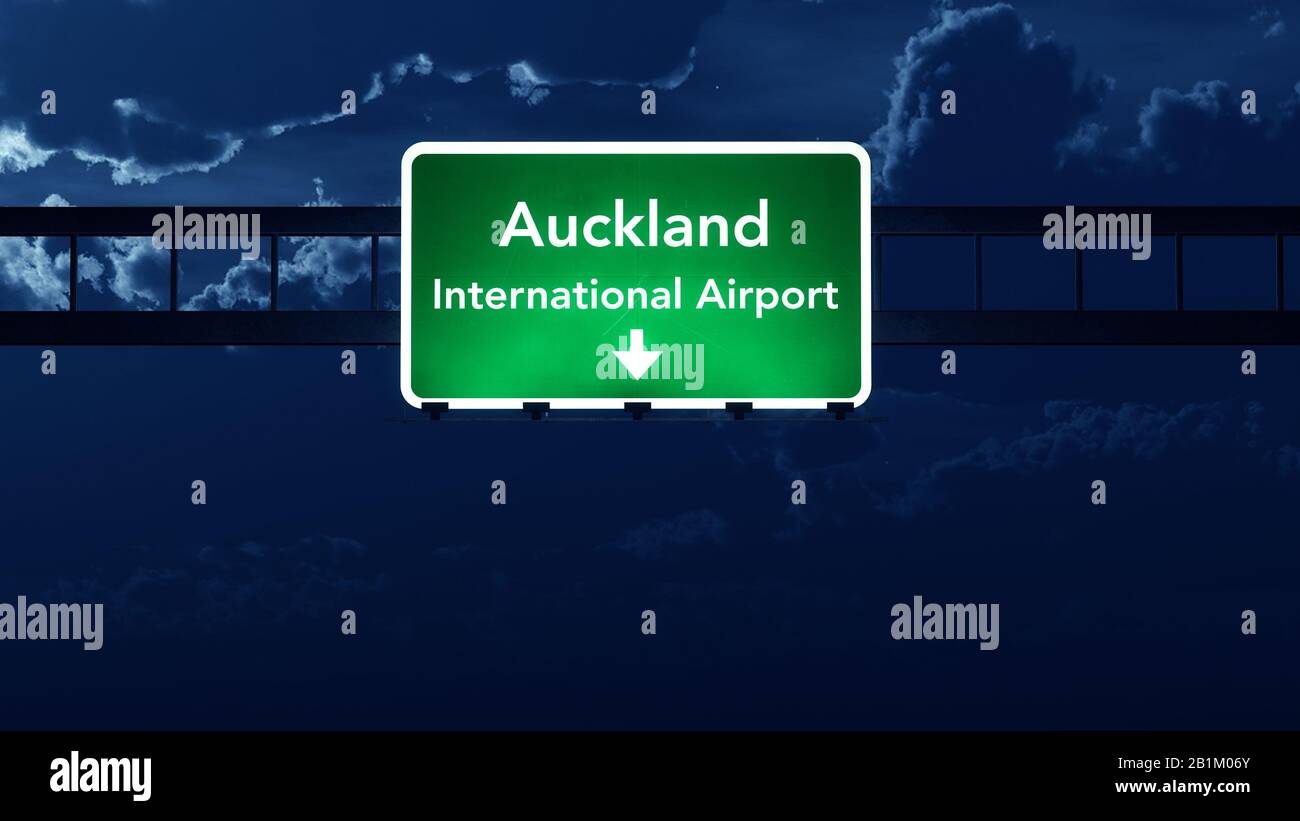 Auckland Airport Highway Road Sign at Night 3D Illustration Stock Photo ...