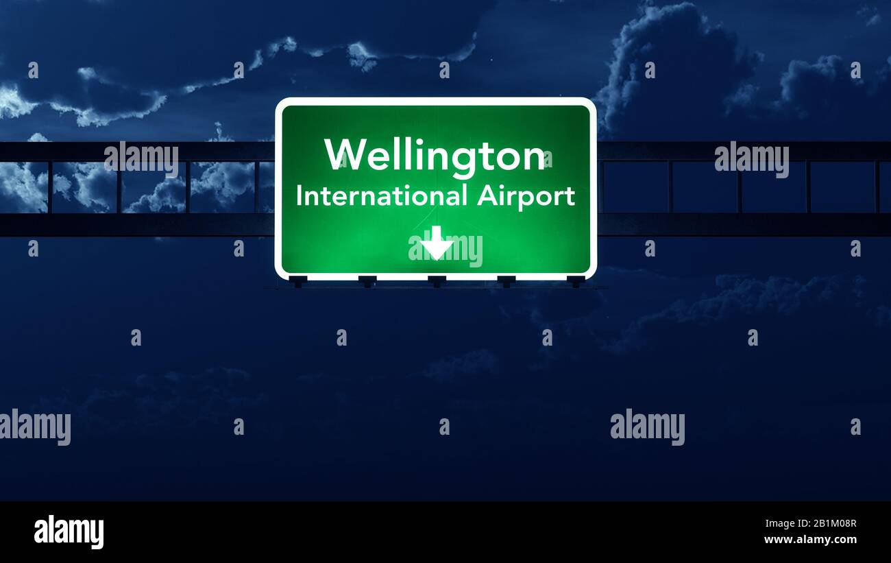 Wellington Airport Highway Road Sign at Night 3D Illustration Stock ...