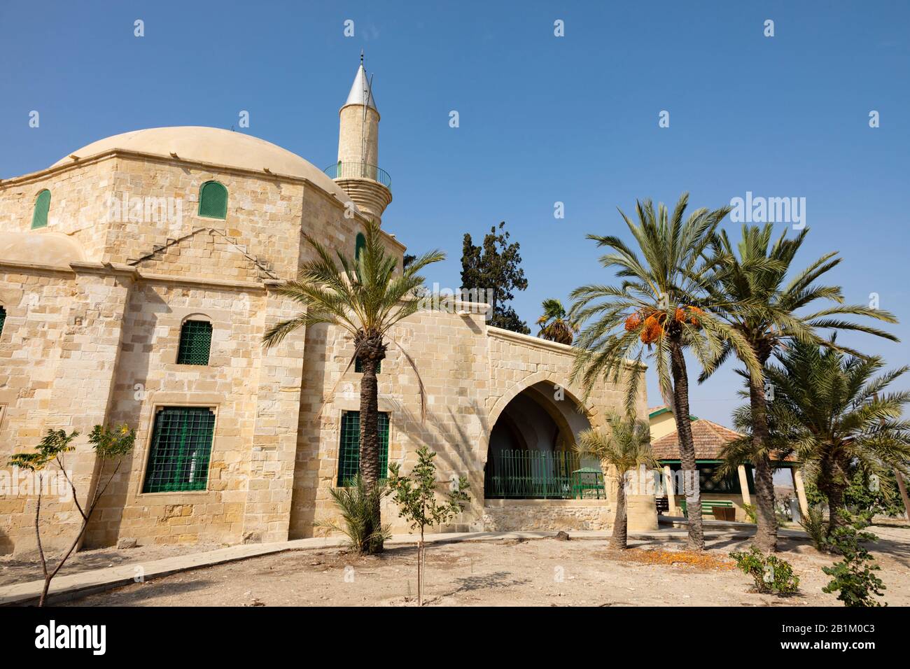 The Hala Sultan Tekke mosque on Larnaca Salt Lake. Holy Muslim shrine ...