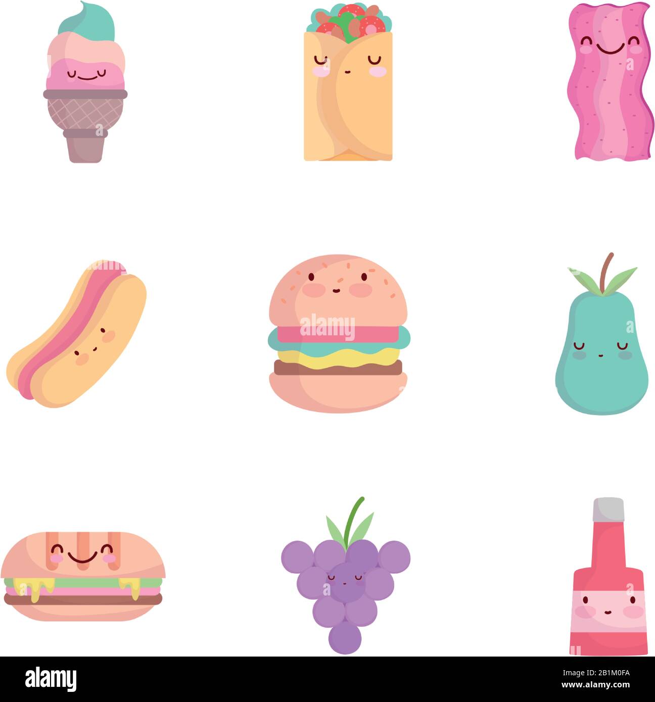 food cute cartoon character menu restaurant diet icons set vector ...