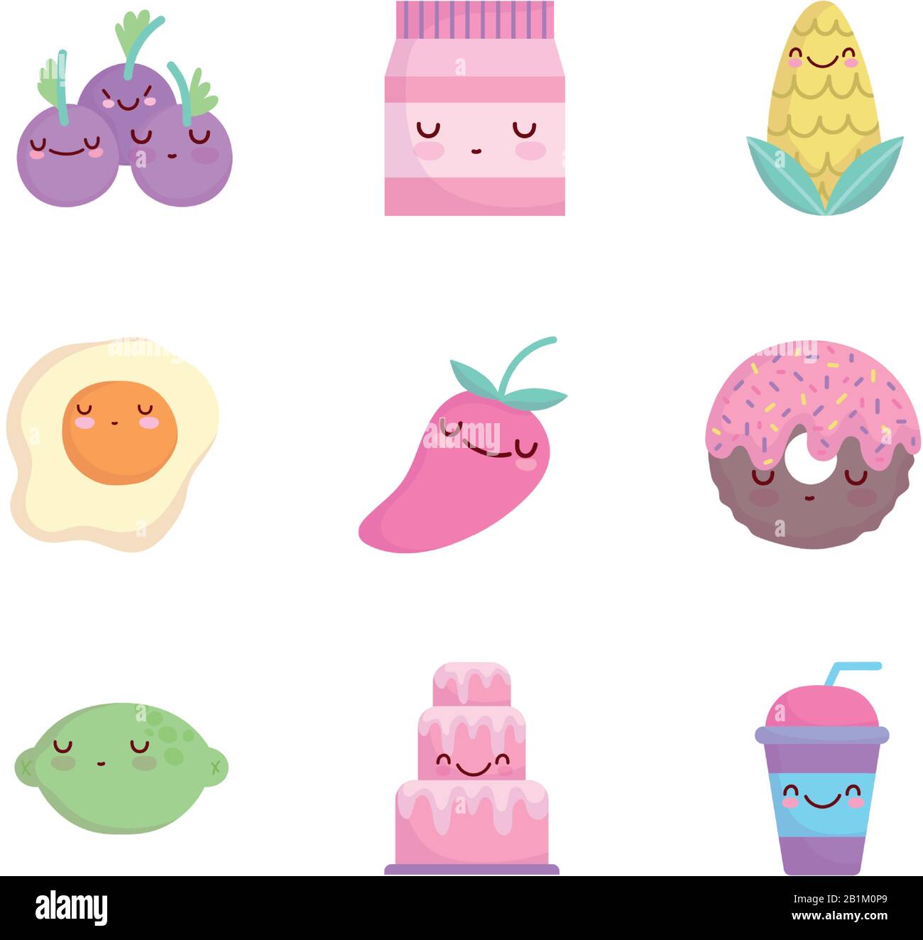 food cute cartoon character menu restaurant diet icons set vector ...