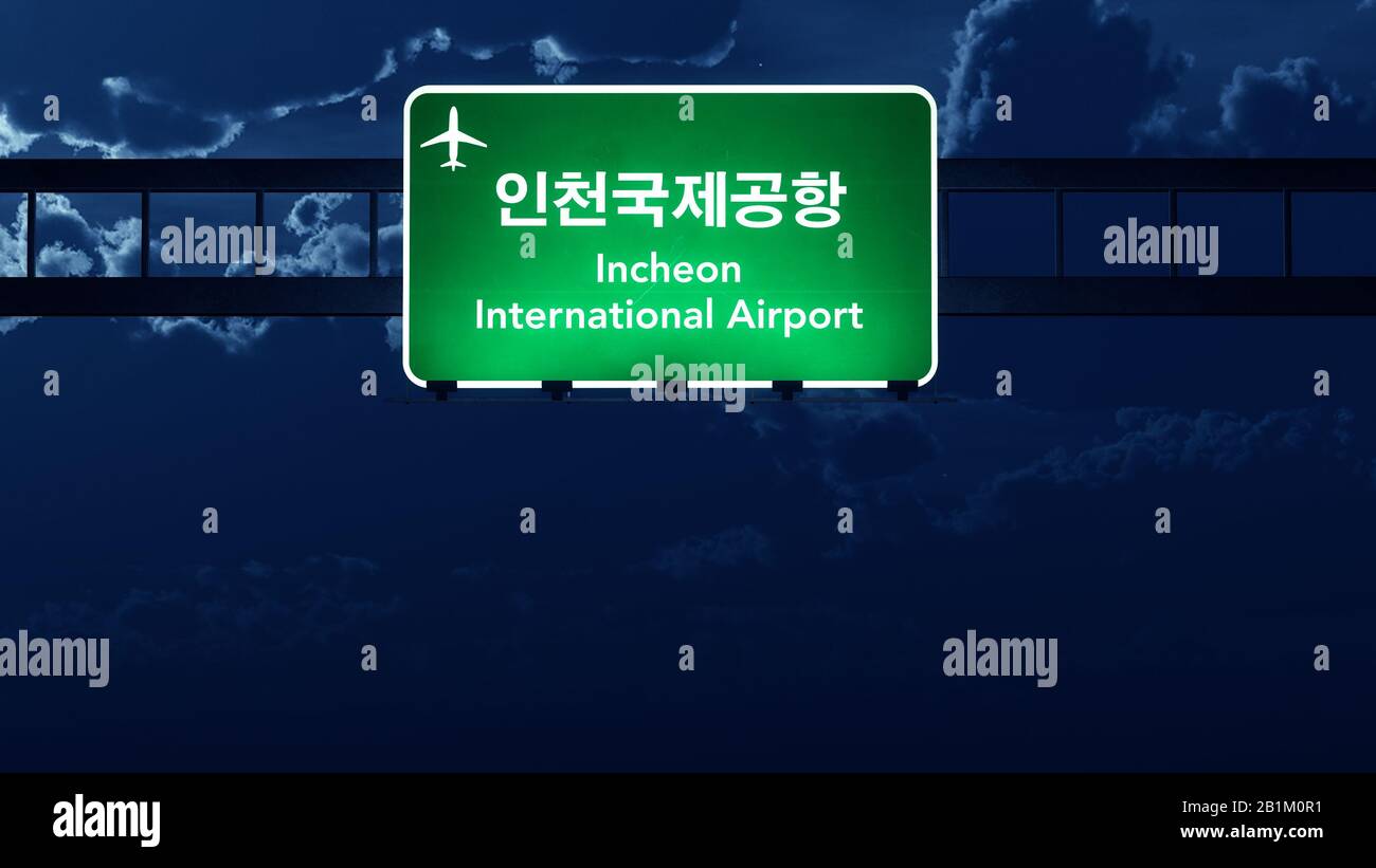 Seoul Incheon South Korea Airport Highway Road Sign at Night 3D ...