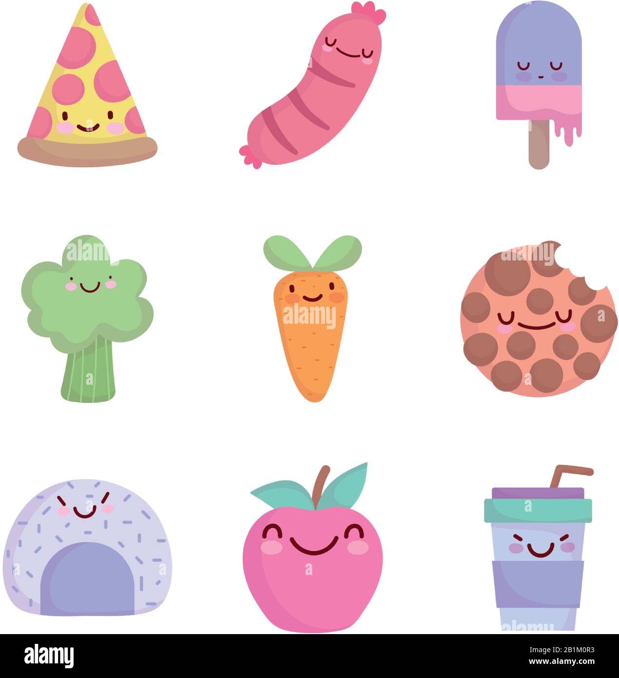 food cute cartoon character menu restaurant diet icons set vector ...