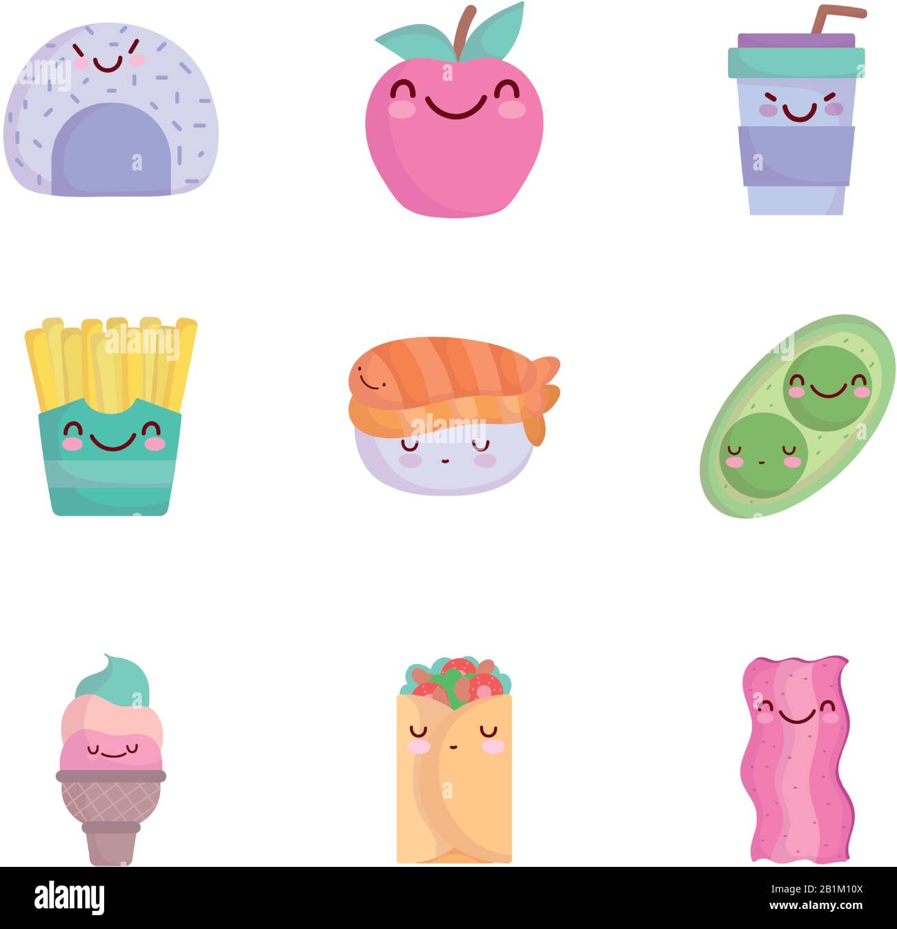 food cute cartoon character menu restaurant diet icons set vector ...