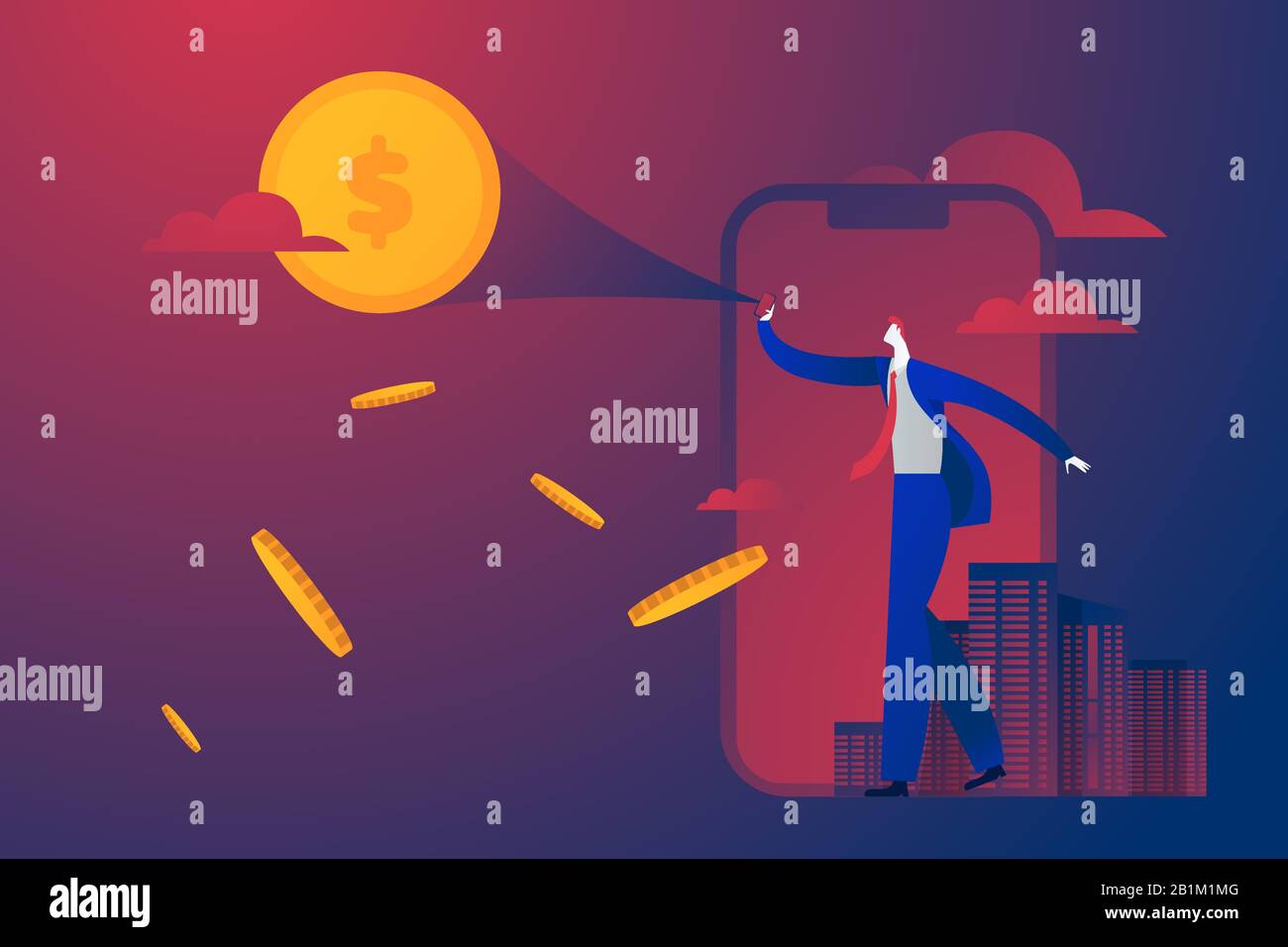 Businessman watching and showing money moon on the sky vision and ...