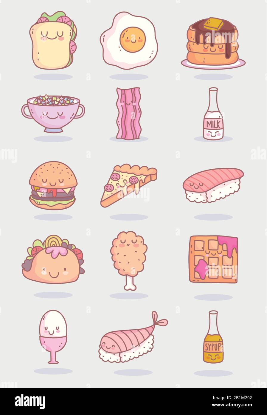 food cute characters menu restaurant icons set vector illustration ...