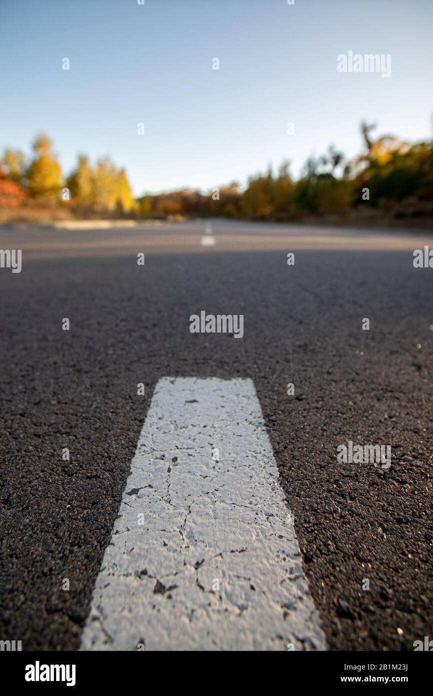 Empty gray road and the white traffic lines Stock Photo - Alamy