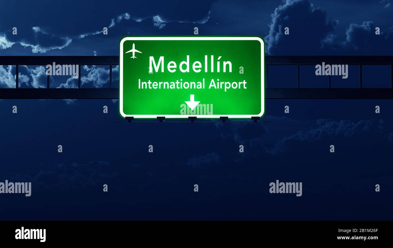 Medellin Colombia Airport Highway Road Sign at Night 3D Illustration ...