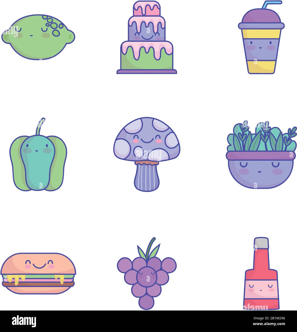 food cute cartoon character menu restaurant diet icons set vector ...