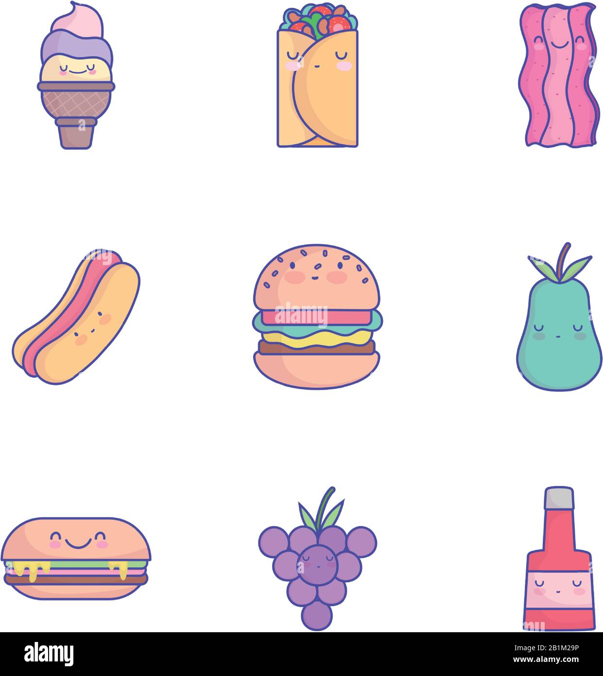 food cute cartoon character menu restaurant diet icons set vector ...