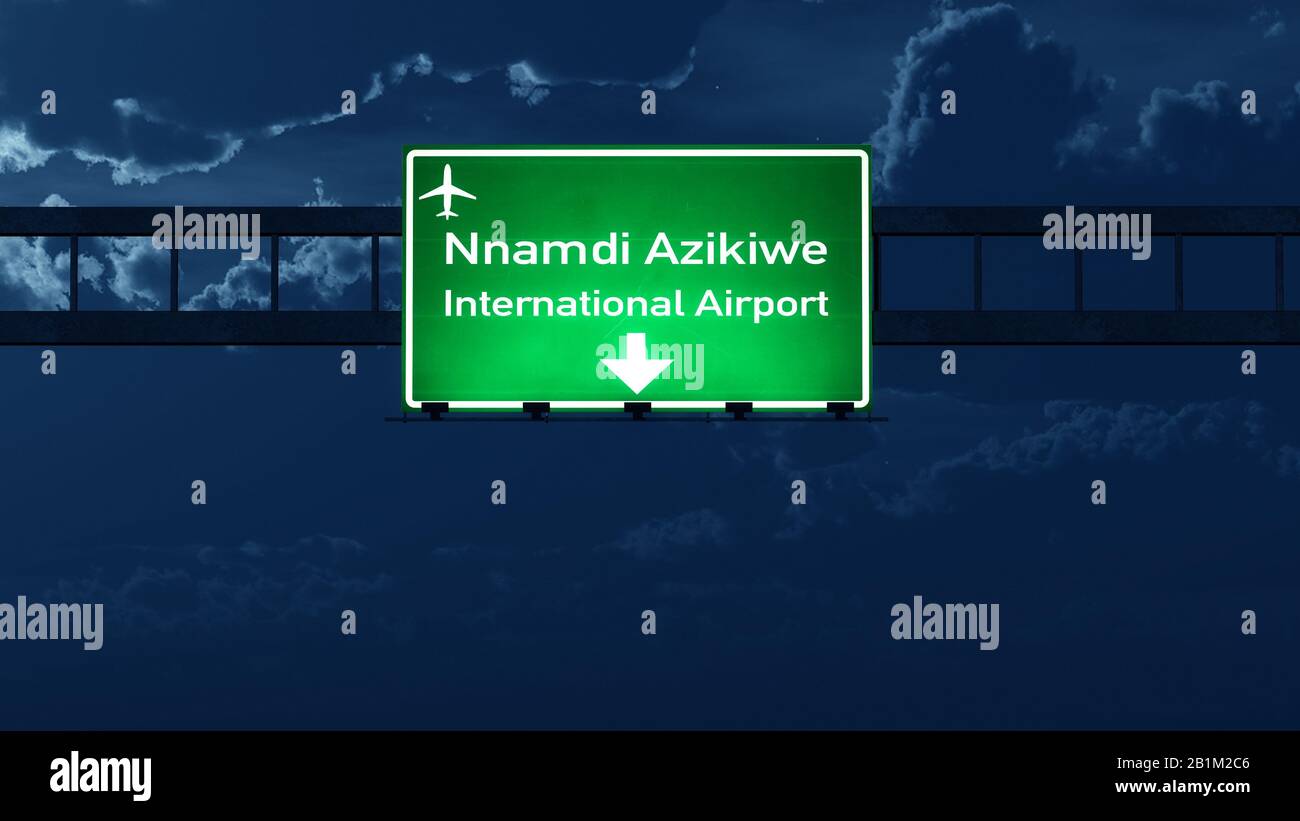 Abuja Nigeria Airport Highway Road Sign at Night 3D Illustration Stock ...