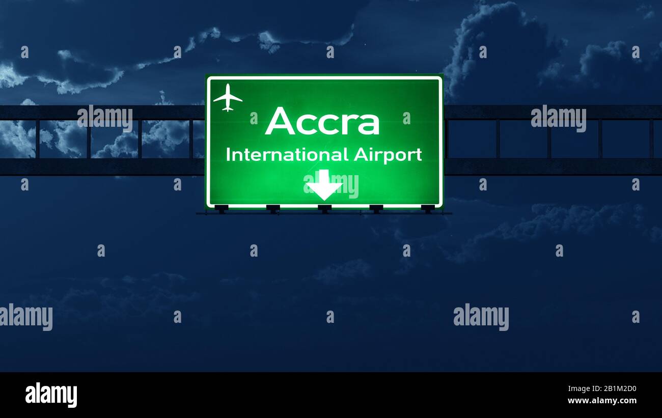 Accra Ghana Airport Highway Road Sign at Night 3D Illustration Stock ...