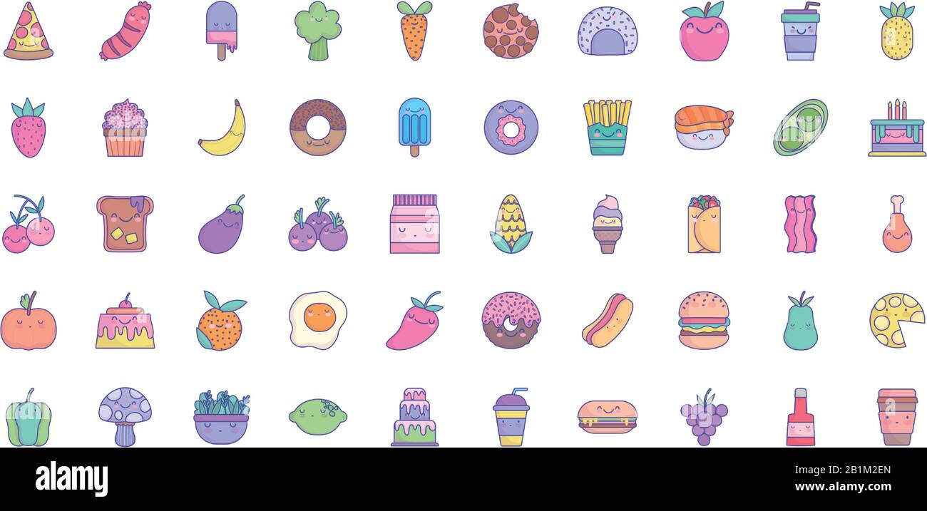 food cute cartoon character menu restaurant diet icons set vector ...