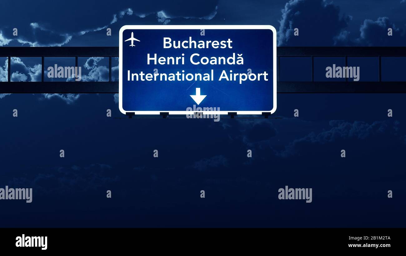 Bucharest Romania Airport Highway Road Sign at Night 3D Illustration ...
