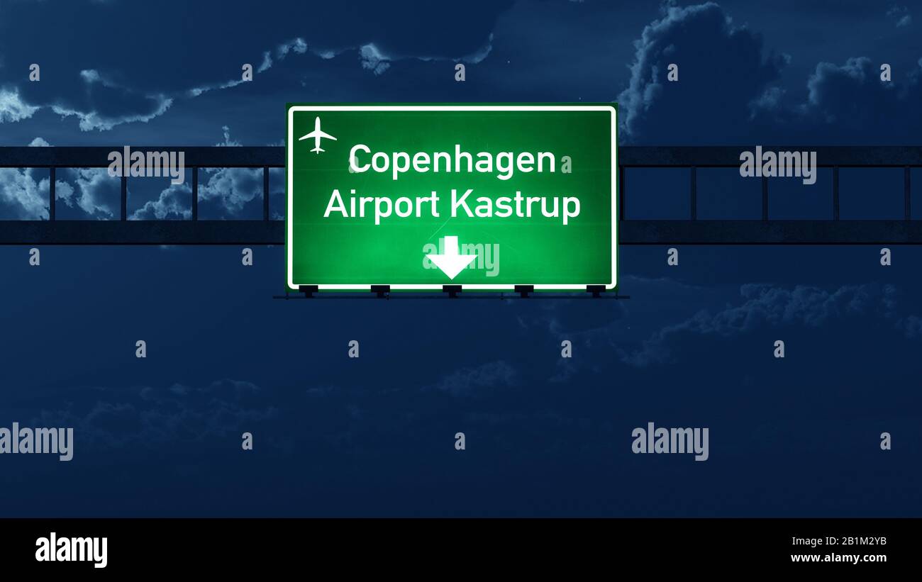 Copenhagen Denmark Airport Highway Road Sign at Night 3D Illustration ...