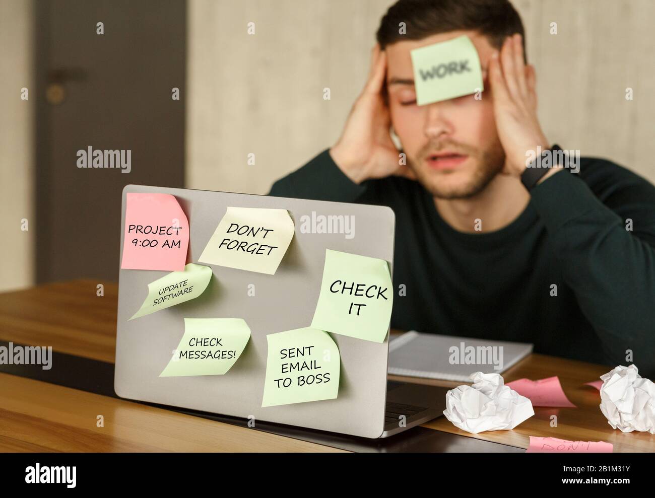 Sleepy Manager Guy Having Sticky Notes Everywhere At Workplace Indoor ...