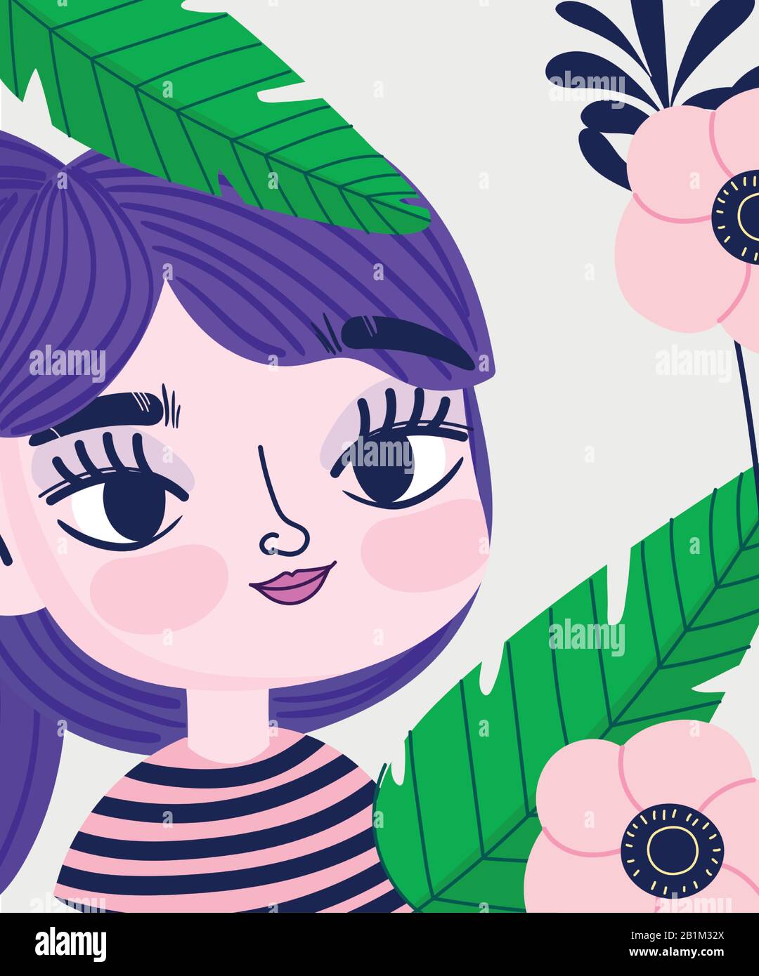 cute girl with flowers palm tropical leaves botany vector illustration ...