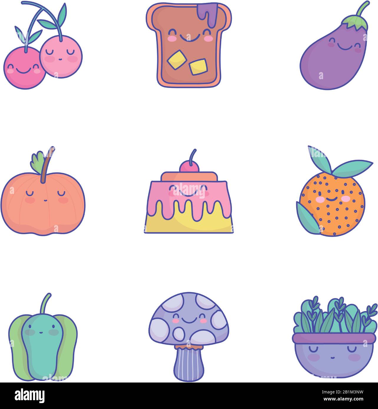 food cute cartoon character menu restaurant diet icons set vector ...