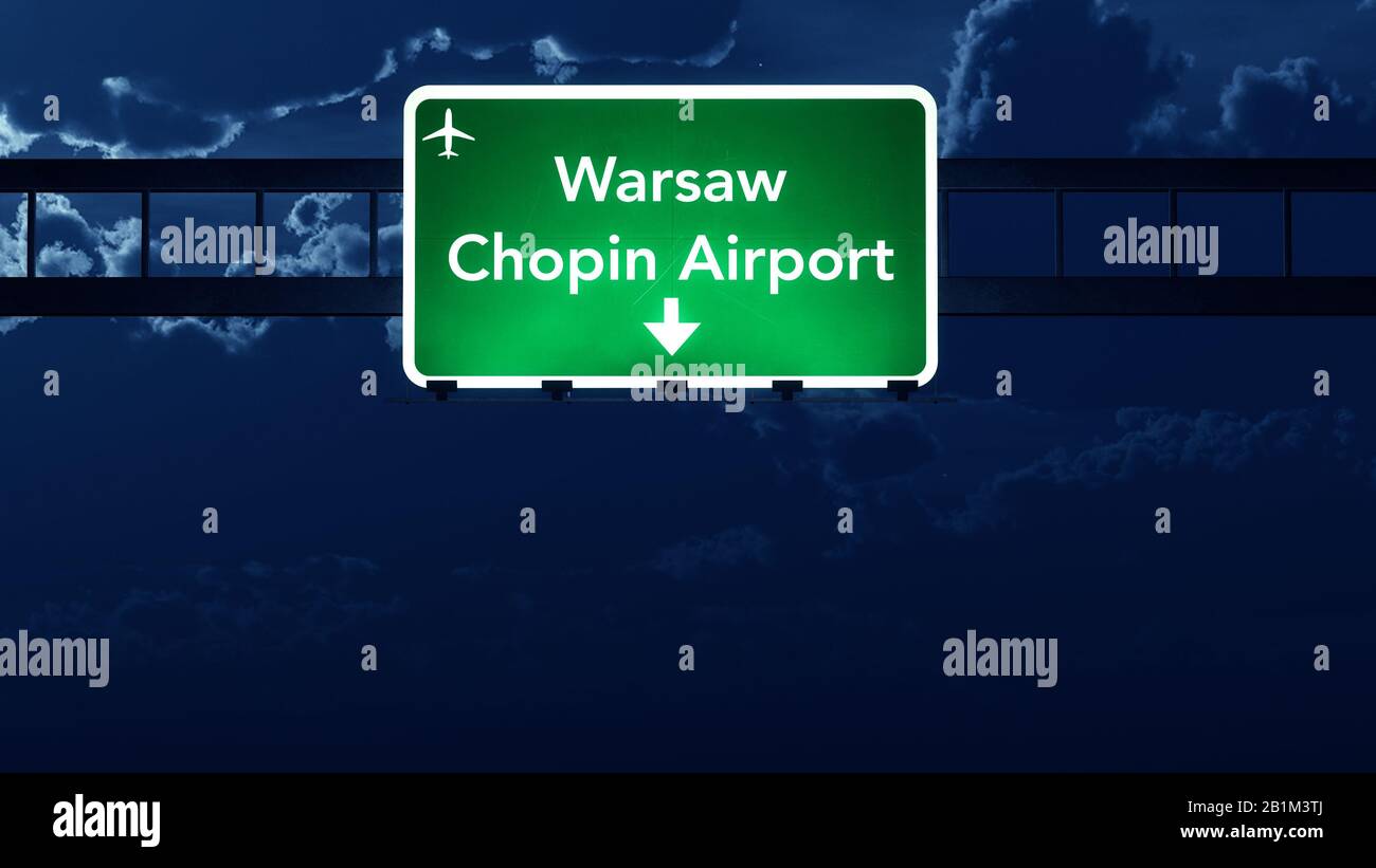 Warsaw Poland Airport Highway Road Sign at Night 3D Illustration Stock ...