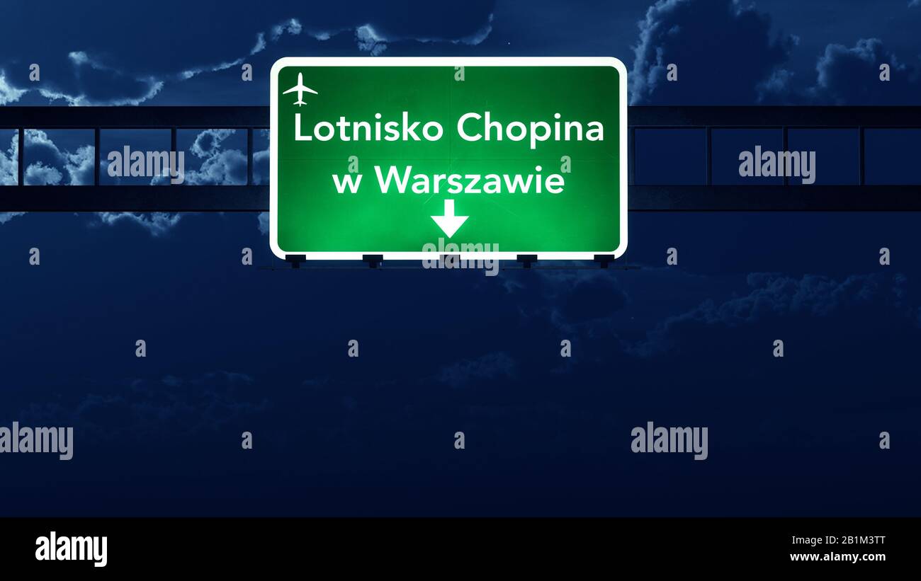 Warsaw Poland Airport Highway Road Sign at Night 3D Illustration Stock ...