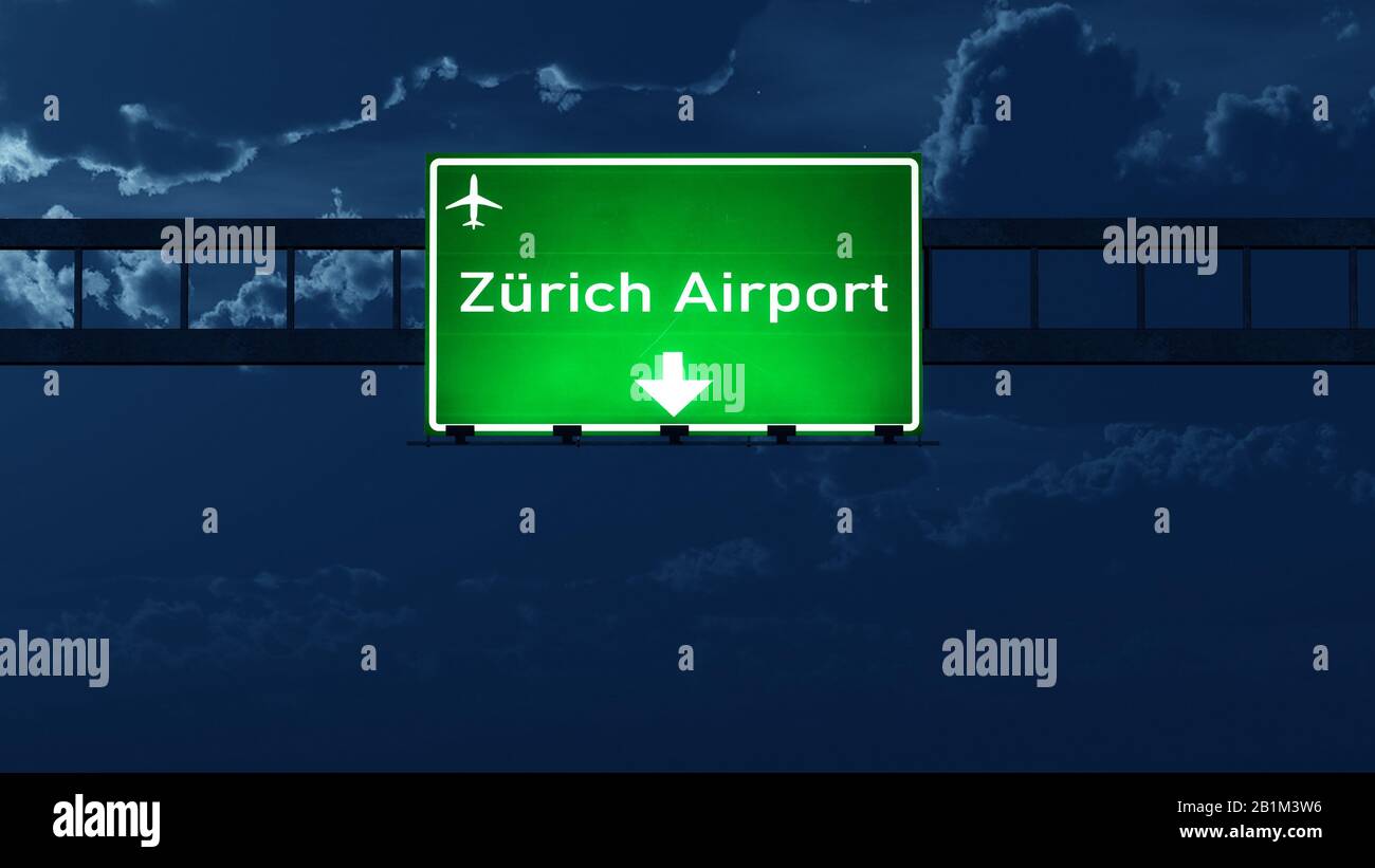 Zurich Switzerland Airport Highway Road Sign at Night 3D Illustration ...