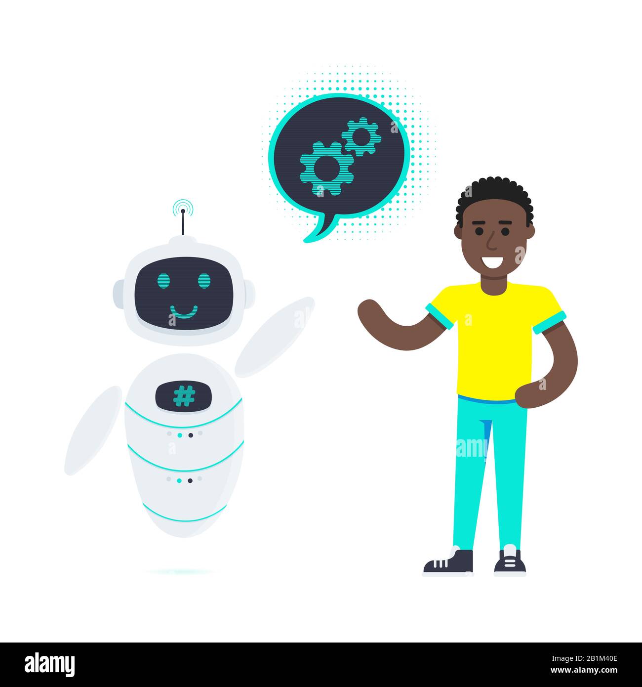 Robot chatbot head icon sign in the speech bubble talking with boy flat ...