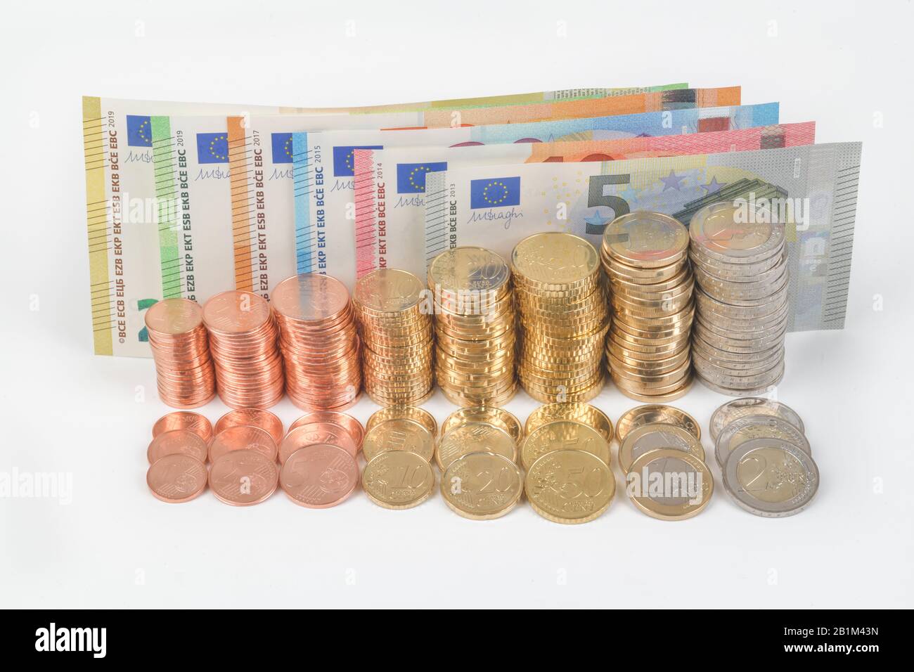 Stapel Centmünzen, Euromünzen, Euro-Geldscheine, Studioaufnahme Stock ...