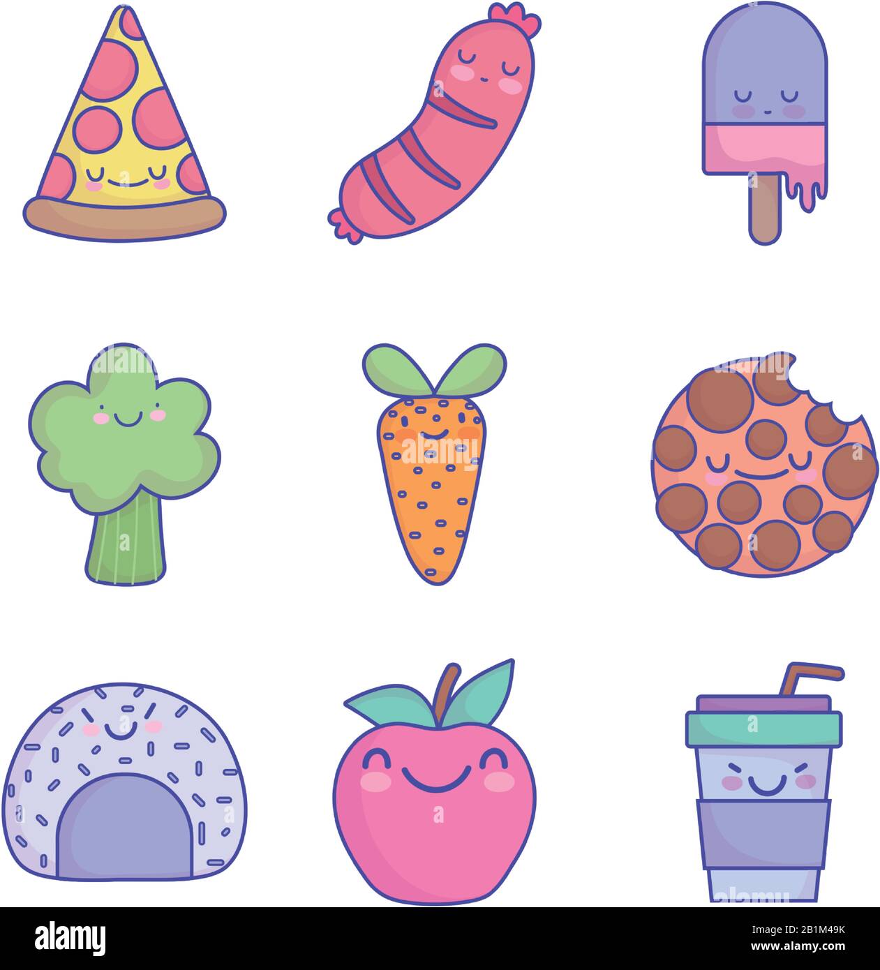 food cute cartoon character menu restaurant diet icons set vector ...