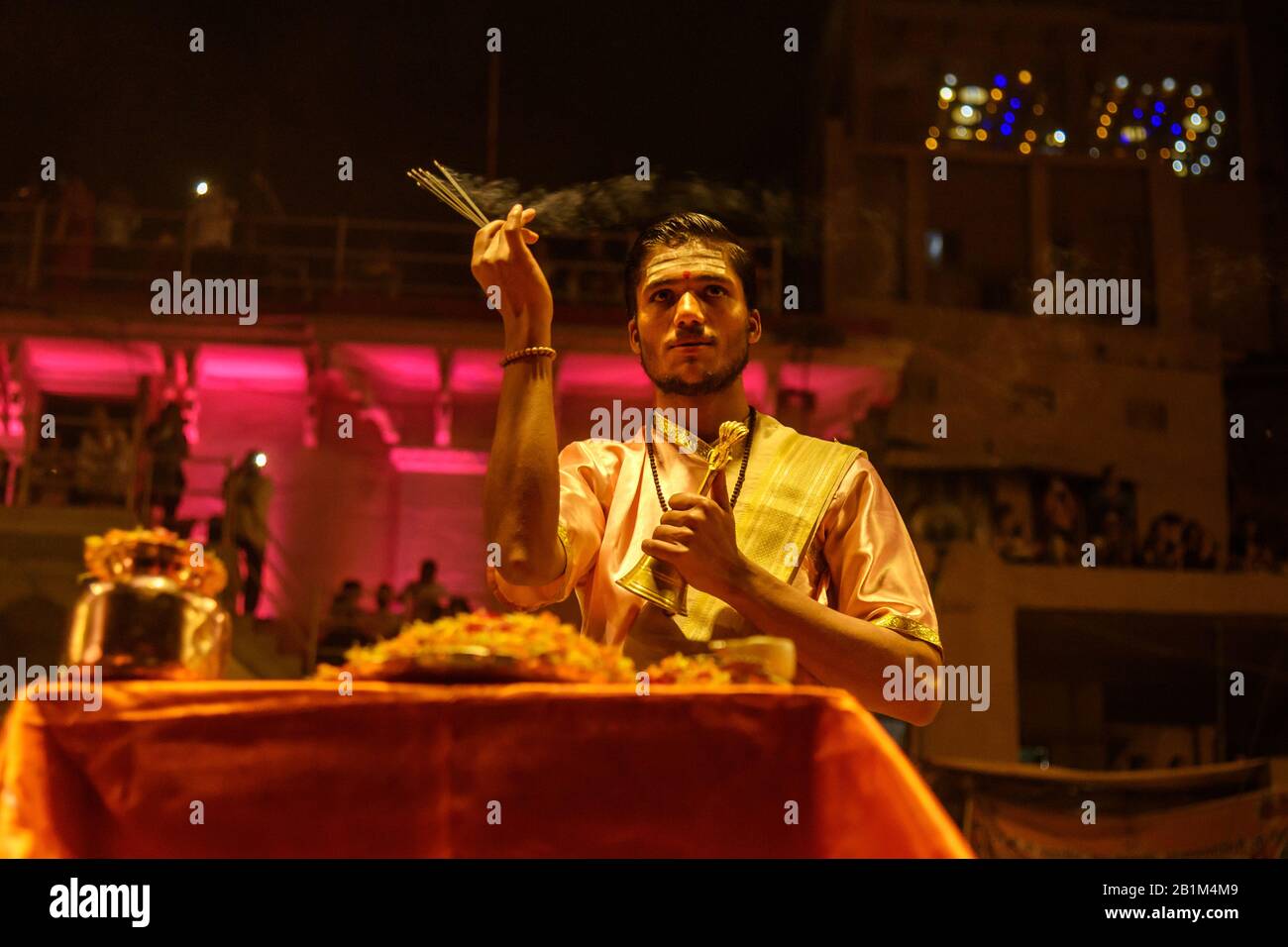 Ganga aarti ceremony rituals at Dashashwamedh Ghat in Varanasi. India ...