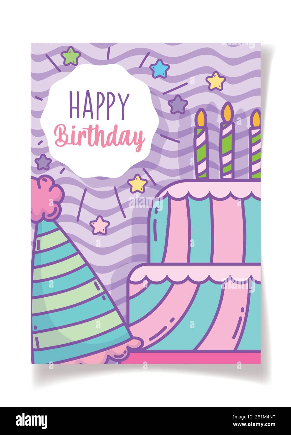 happy birthday cake candles and hat decoration celebration party vector ...