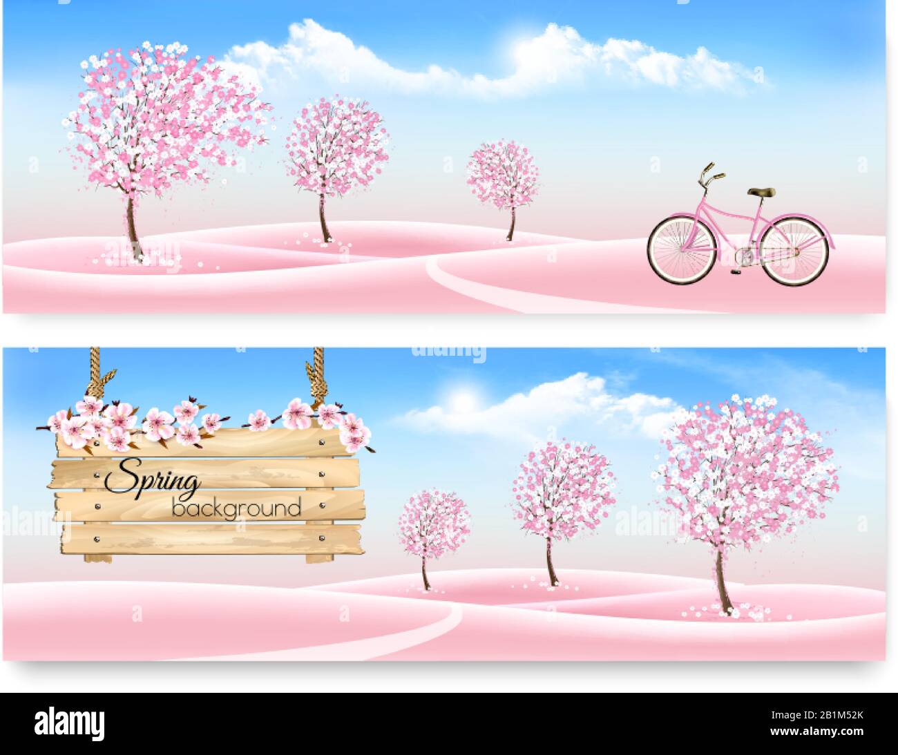 Spring nature banners with a pink sakura and landscape. Vector Stock ...