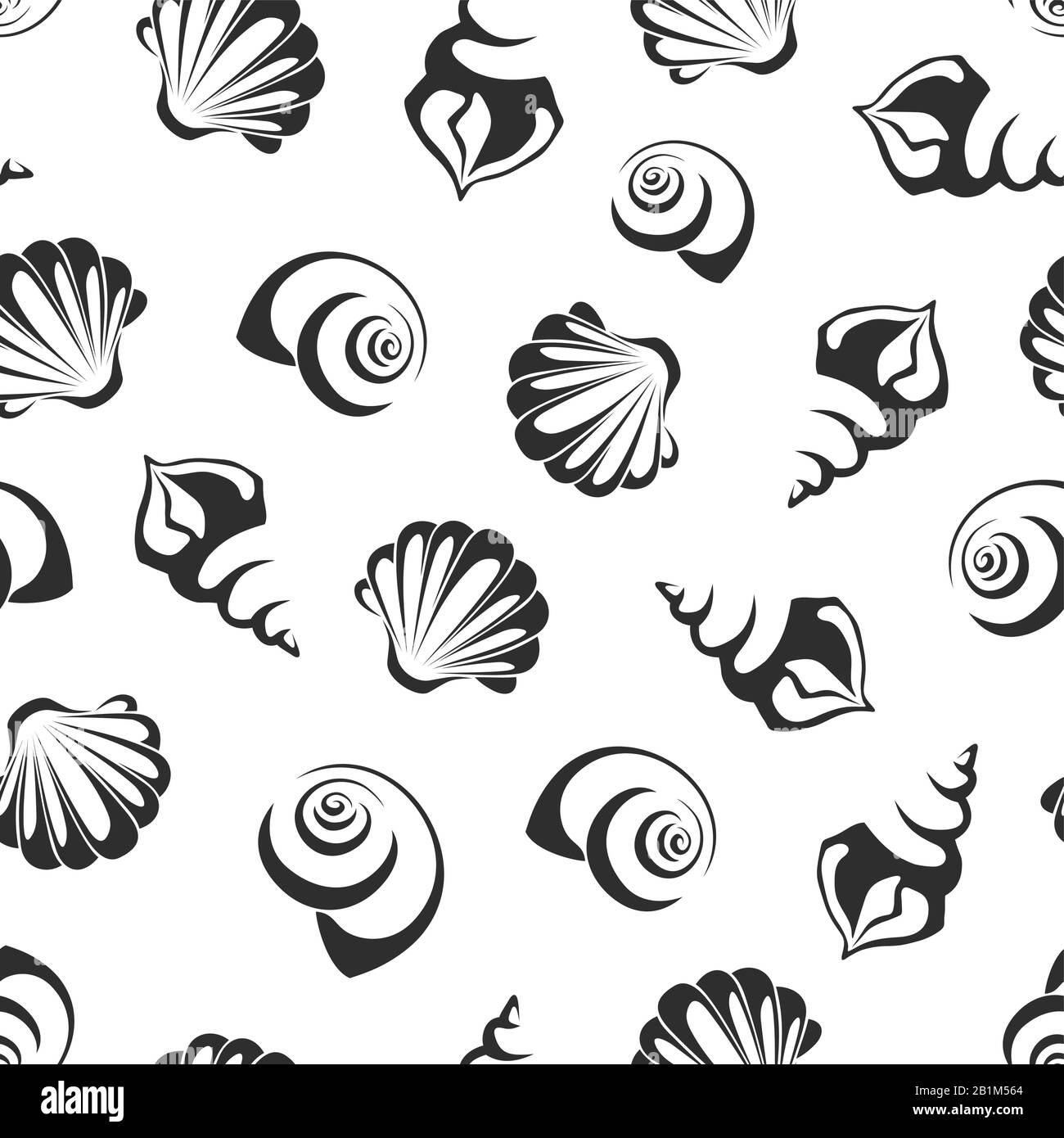 Seamless pattern with sea shells. Vector black and white background ...