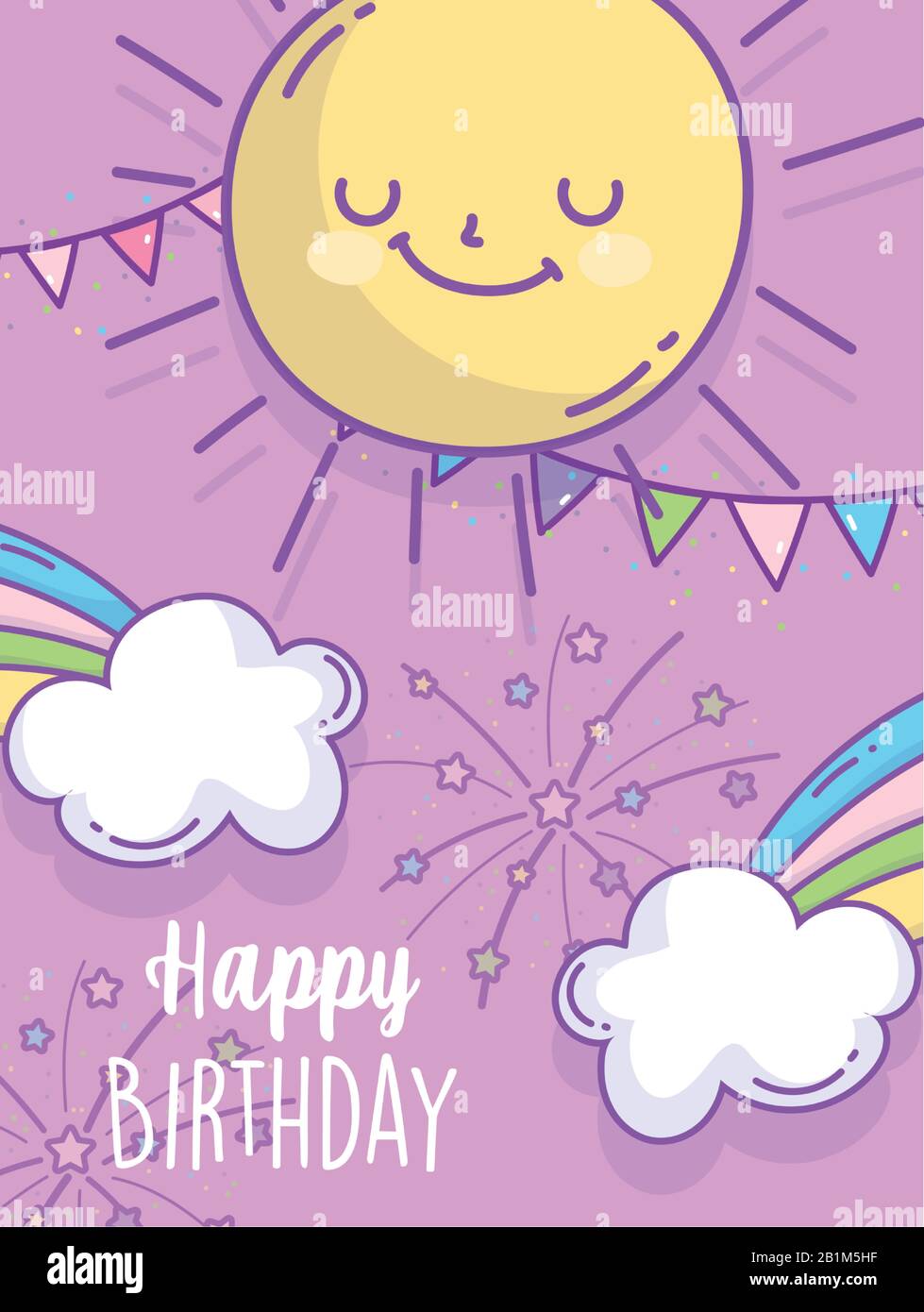 happy birthday celebration party rainbow sun clouds cartoon greeting ...