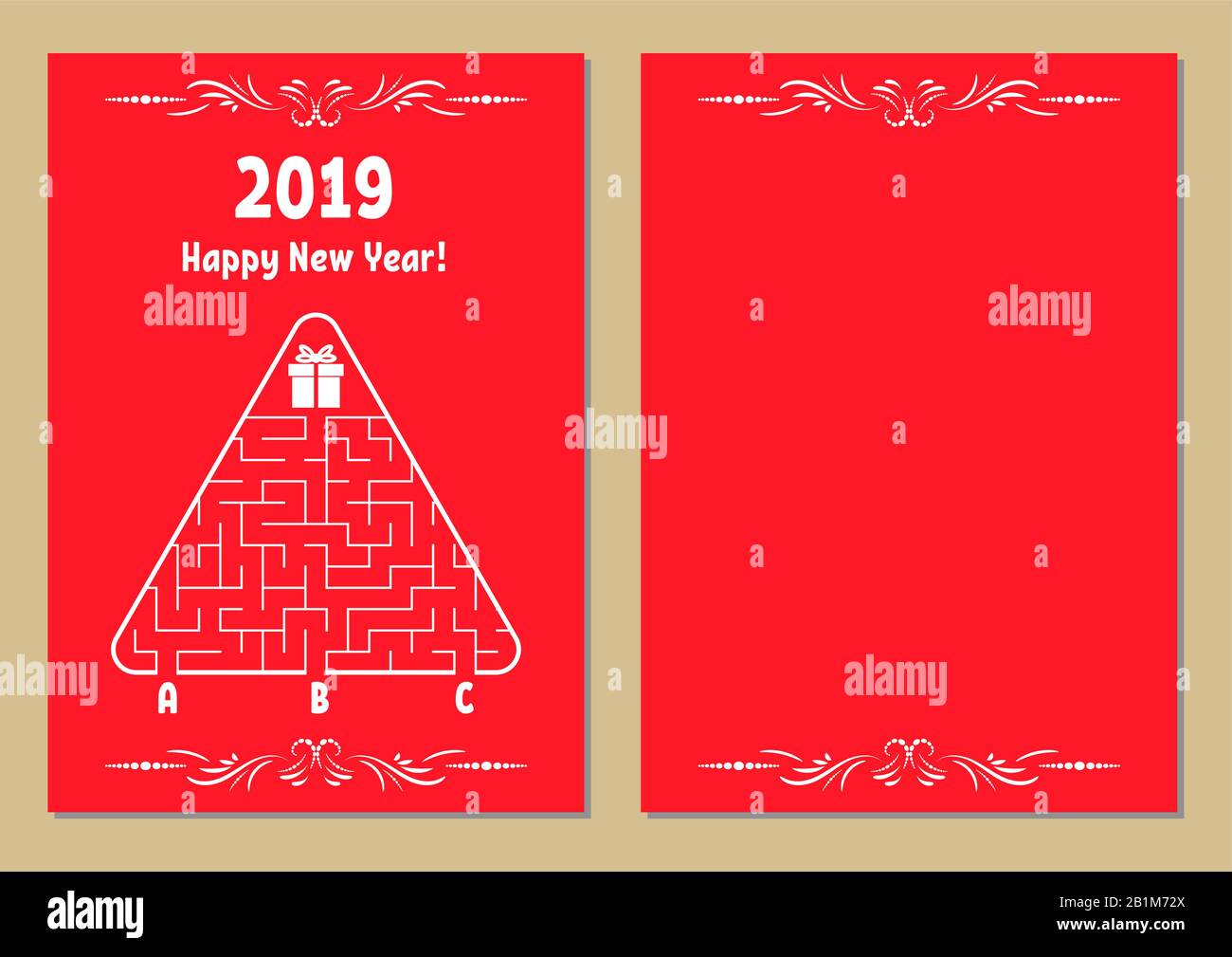 Color New Year greeting card with a triangular maze. Find the right ...