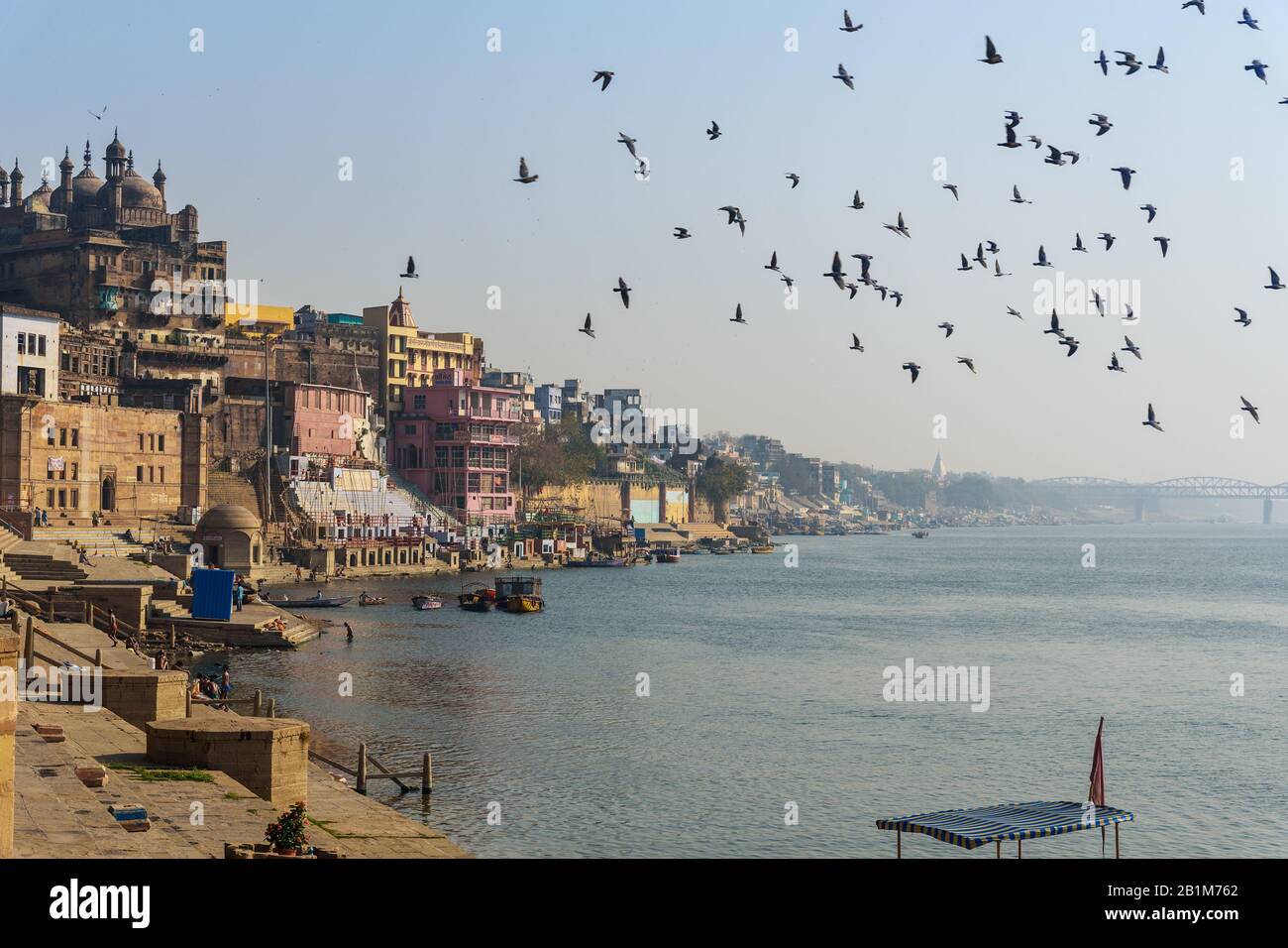 Morning view of Ganges river and Panchganga Ghat in Viranasi. India ...