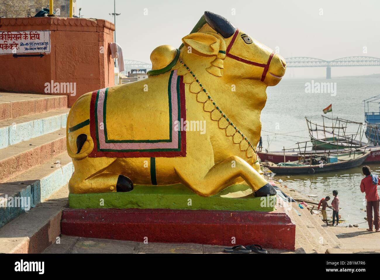 Sacred cow statue, iconic statue of Nandi at Gaay Ghat in Viranasi ...
