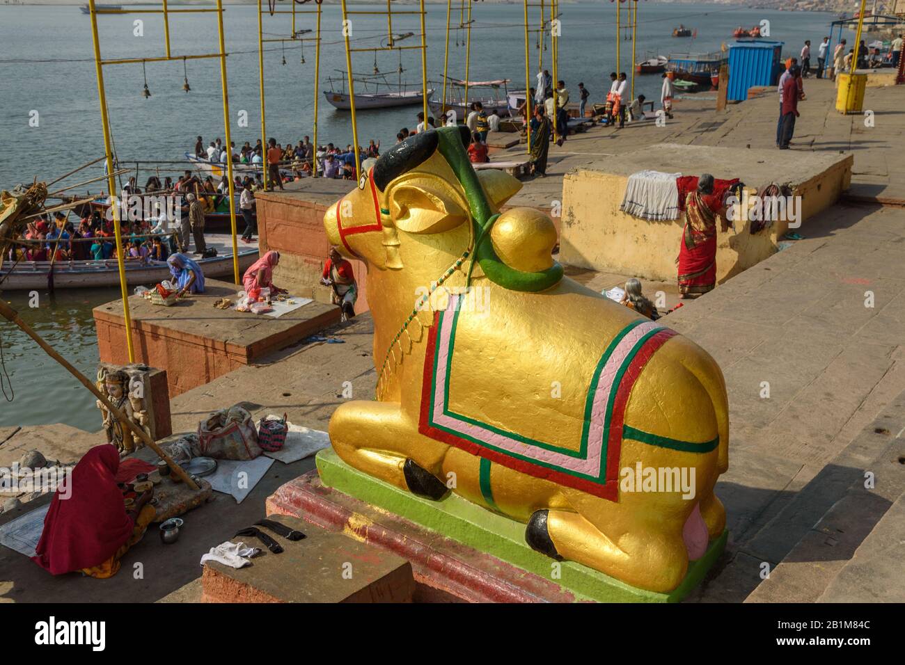 Sacred cow statue, iconic statue of Nandi at Gaay Ghat in Viranasi ...