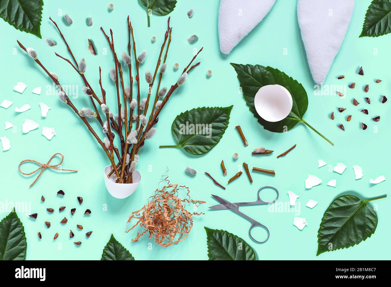 Ears of a hare, branches with kidneys, eggshells, green leaves ...