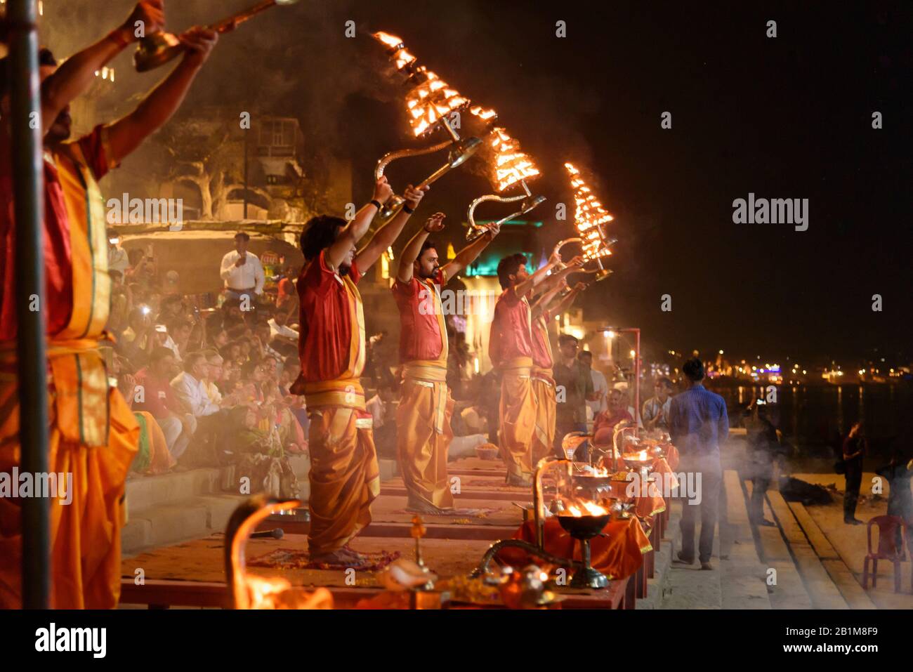 Ganga aarti ceremony rituals at Assi Ghat in Varanasi. India Stock ...