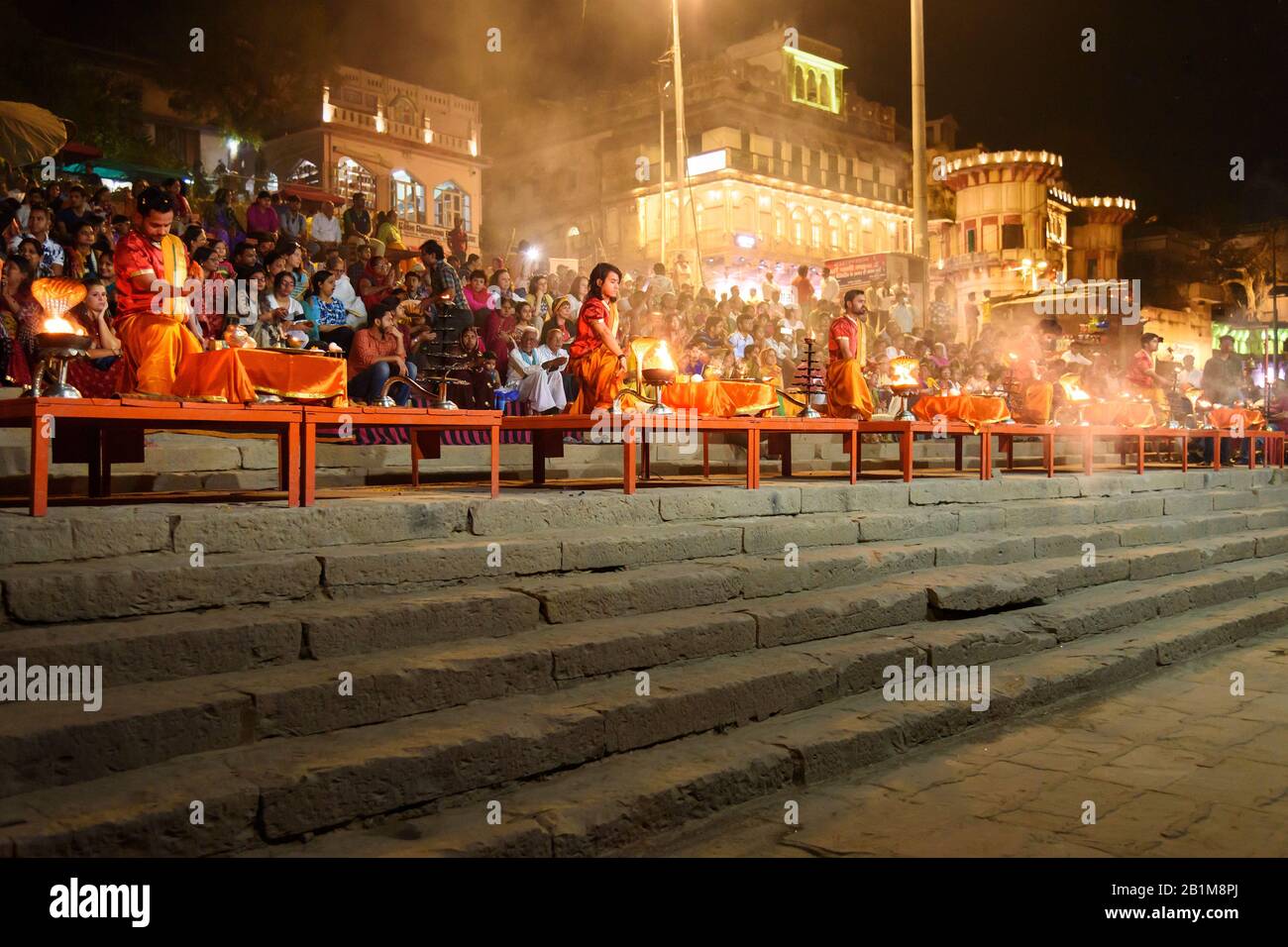 Ganga aarti ceremony rituals at Assi Ghat in Varanasi. India Stock ...