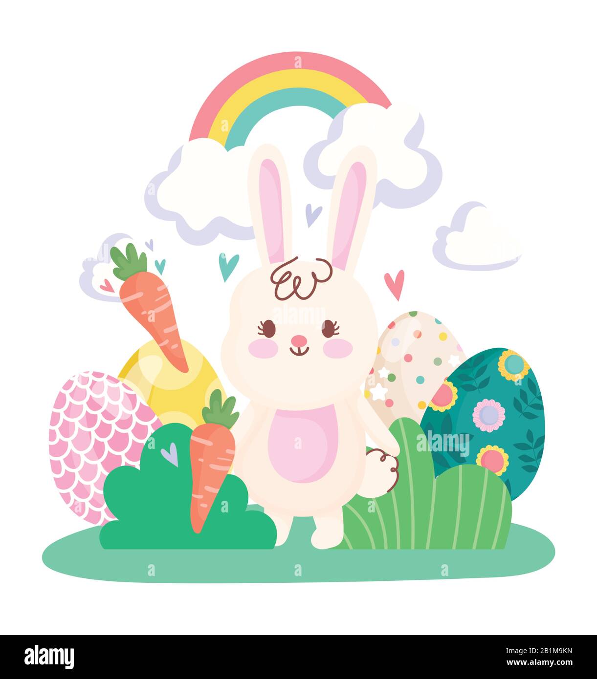 happy easter cute bunny carrots eggs rainbow grass decoration vector ...