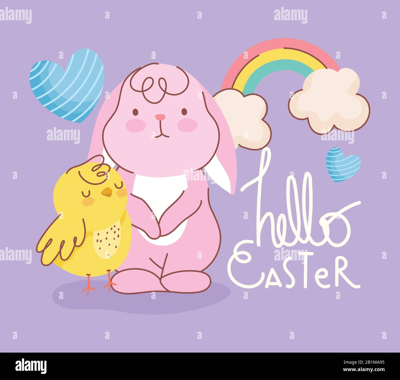 happy easter pink rabbit chicken rainbow hearts celebration card vector ...