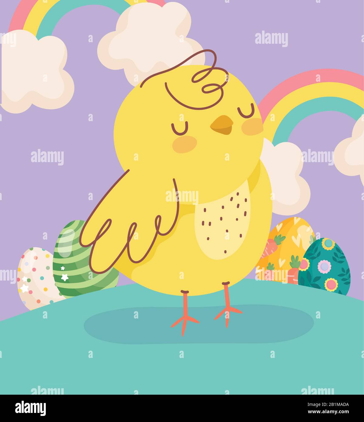 happy easter little chicken rainbows eggs clouds decoration vector ...