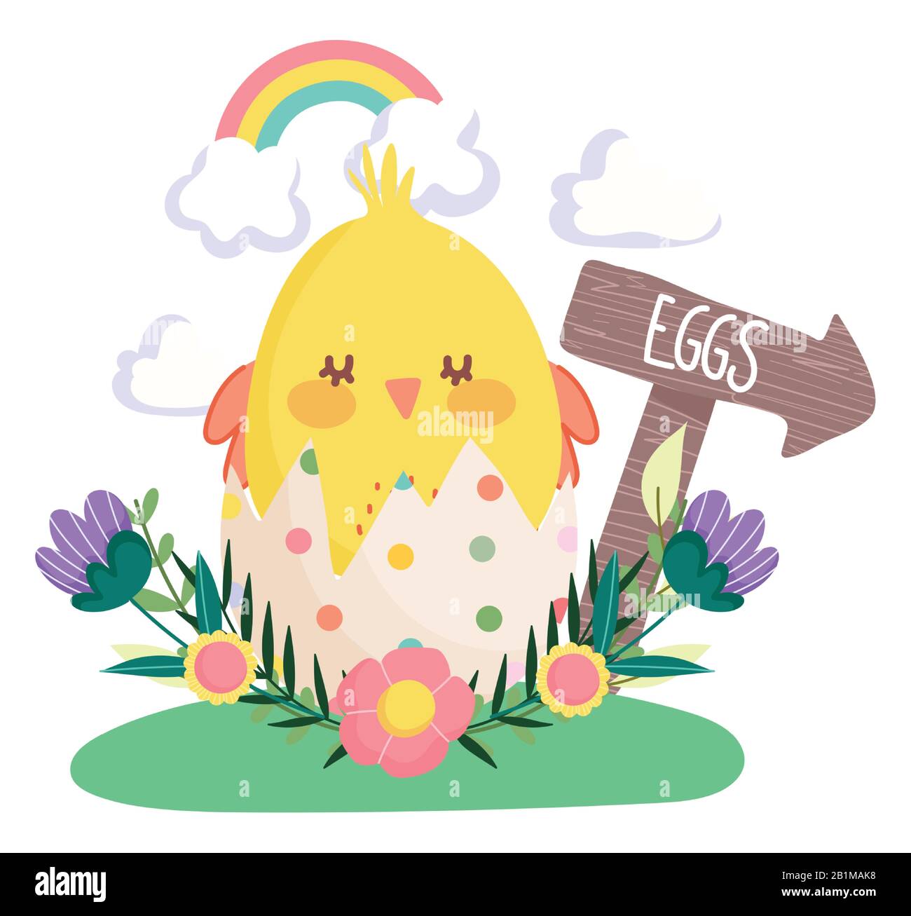 happy easter chicken in dotted eggshell flowers rainbow vector ...